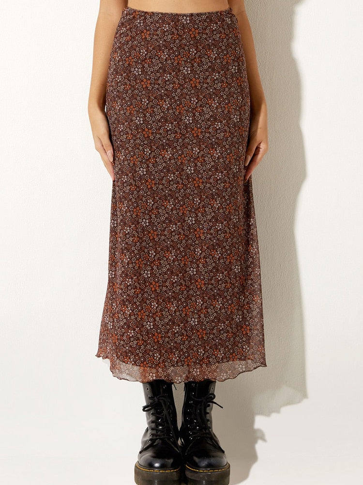 Yipinpay Vintage Y2k Floral Long Skirt Women Retro Print Mesh Patchwork