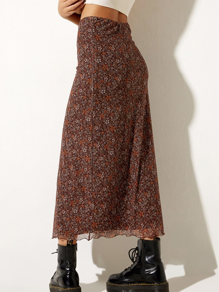 Yipinpay Vintage Y2k Floral Long Skirt Women Retro Print Mesh Patchwork